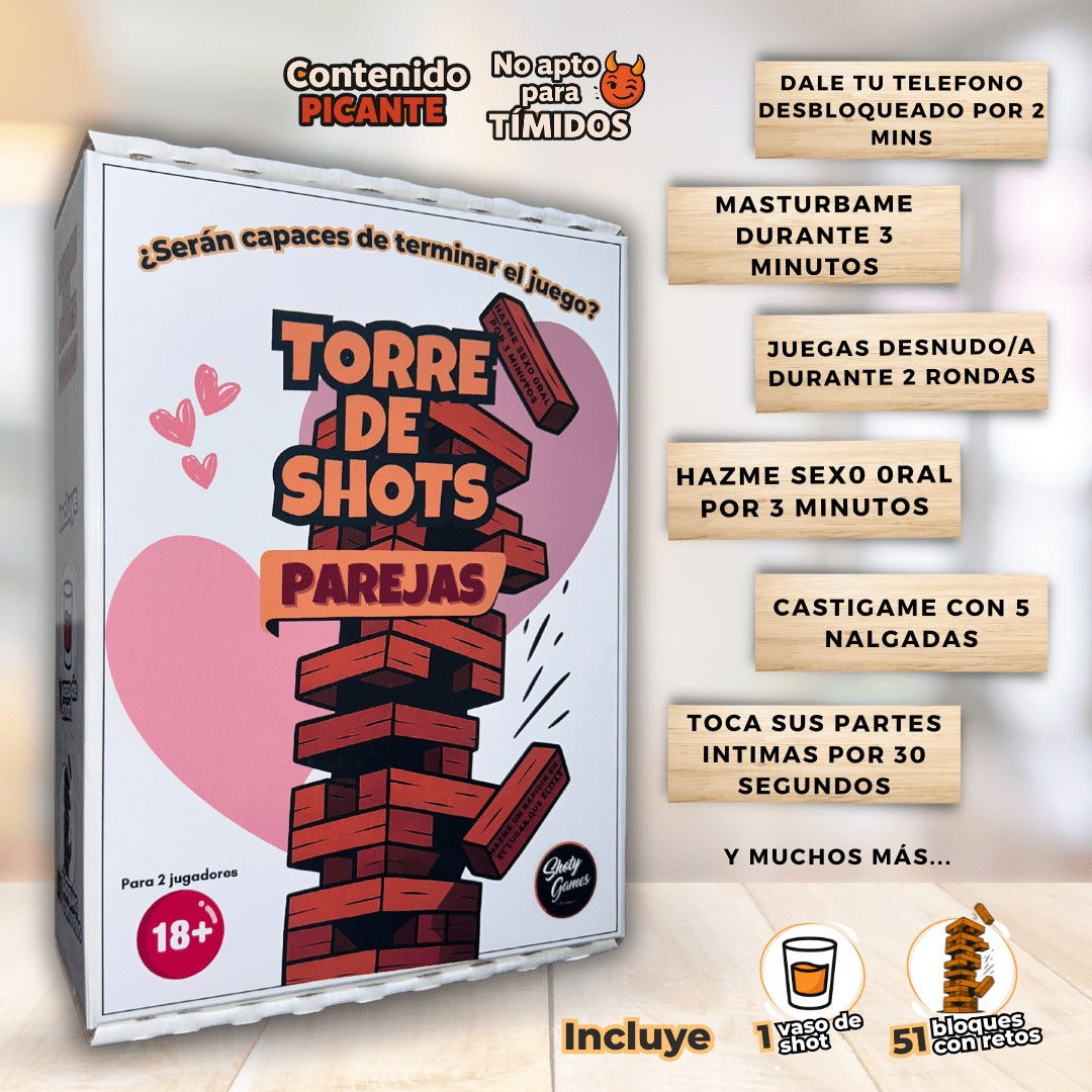 Jenga de 51 bloques y un vaso, Torre de Shots – Parejas +18 – MeelTech